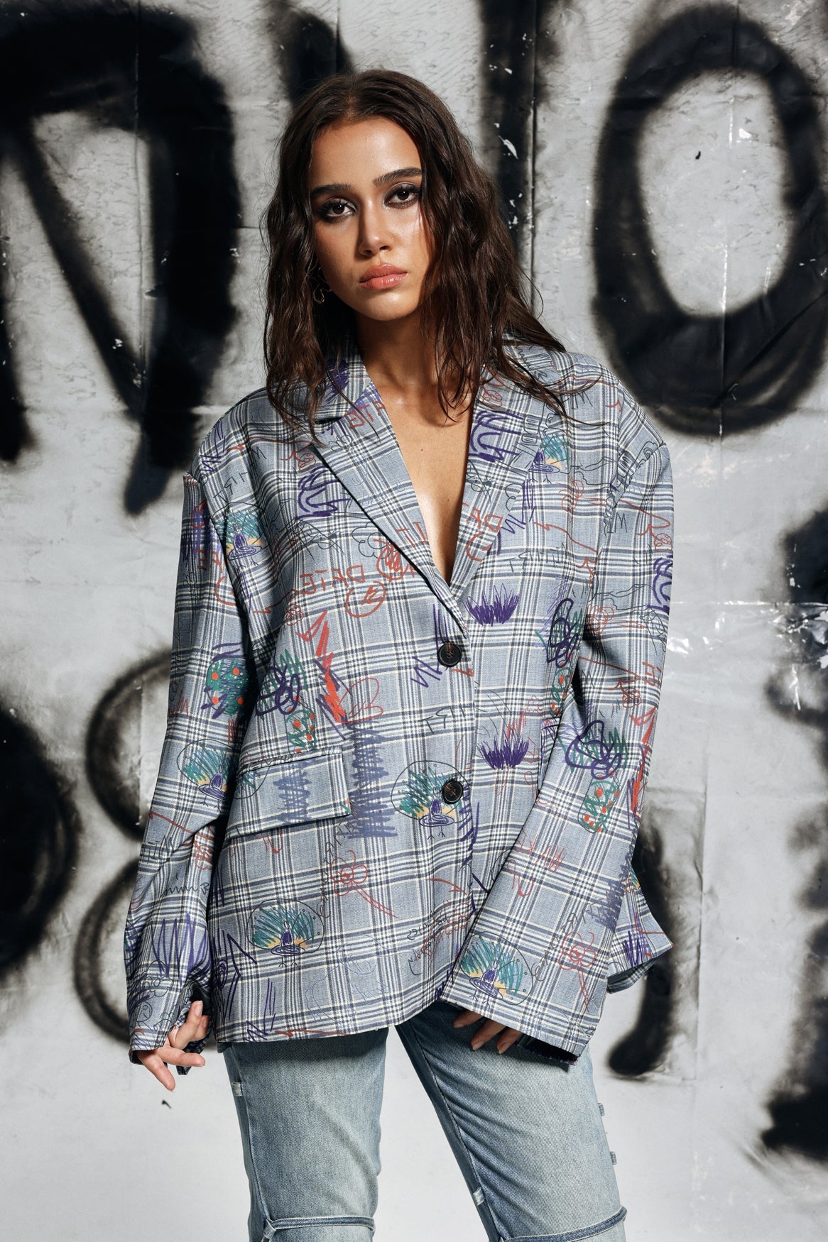 Elijah Grid Graffiti Plunge Blazer – Insrs
